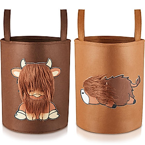 Preboun 2 Pcs Felt Highland Cow Basket with Handles, Scottish Cattle Storage Bin, Decorative Portable Nursery Hamper, Long Hair Farm Animal Laundry Room Organizer for Closet Shelf Nursery Bedroom