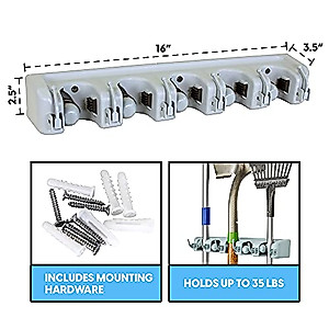 INNOVATEX Garage Tool Storage Rack Mop and Broom Holder Wall Mount Organizer, 5 Clamp Hanger Slots for Rakes, Shovels, Garden Yard Tools, Kitchen and Utility Use, 6 Hanging Hooks for Small Items