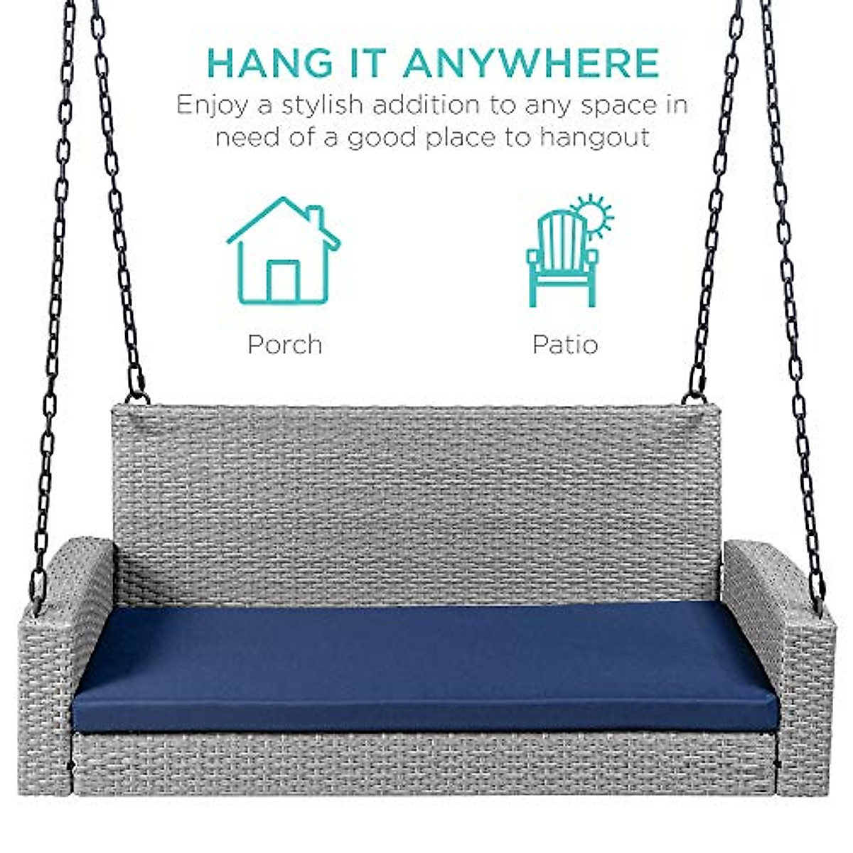 Best Choice Products Woven Wicker Outdoor Porch Swing, Hanging Patio Bench for Deck, Garden w/Mounting Chains, Seat Cushion - Gray/Navy