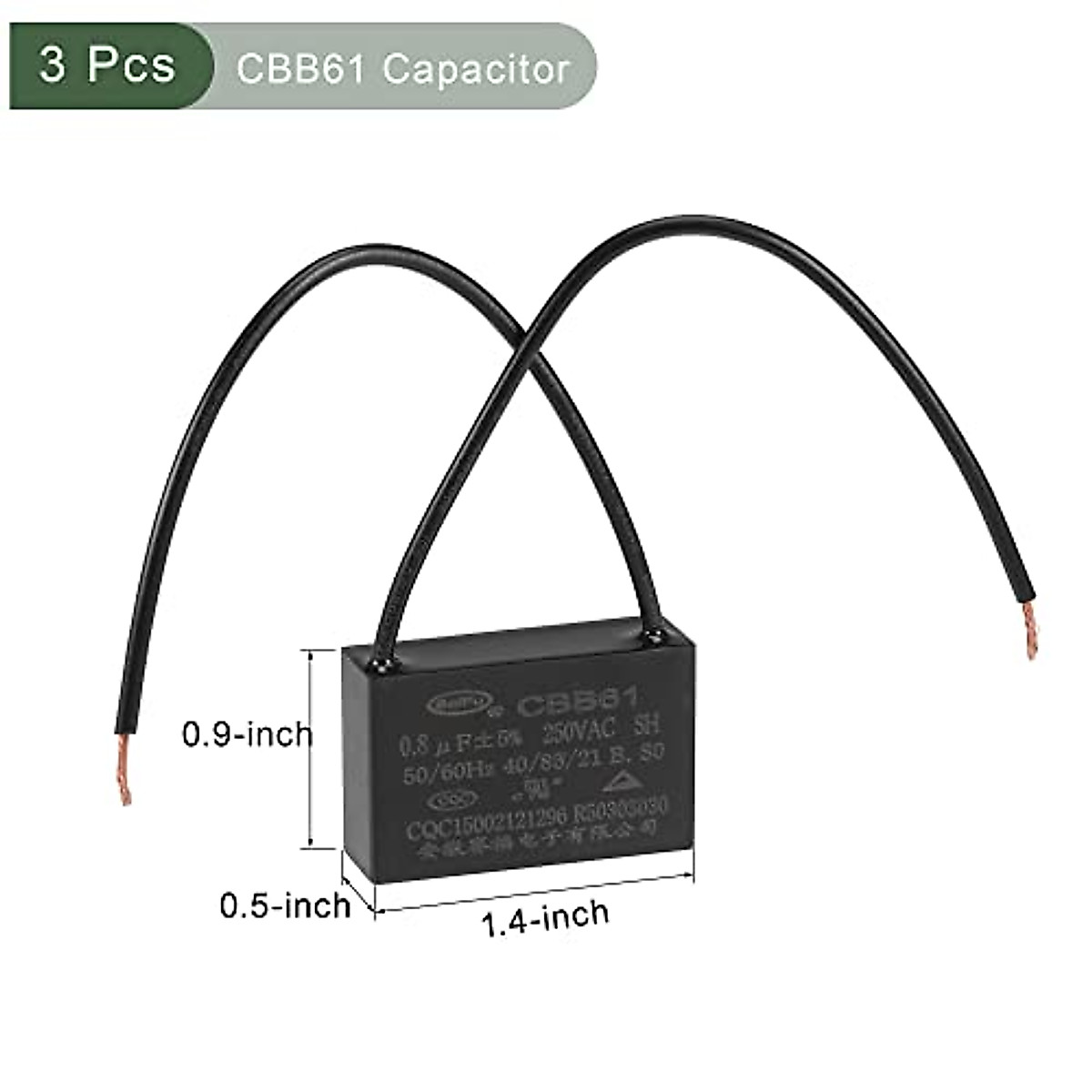 YOKIVE 3Pcs Ceiling Fan Capacitor CBB61, Metallized Polypropylene Film Capacitor Great for Fans Pumps Motors Running (0.8uF 250V AC 2 Wires 50/60Hz)