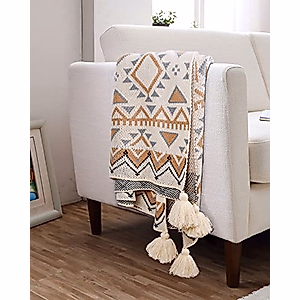 Knitted Throw Blanket for Couch with Tassels, Boho Style Throw for Home Decor, Small Cozy and Soft Blanket for Sofa or Outdoor, Navajo Farmhouse Blankets 50 x 60 Inches