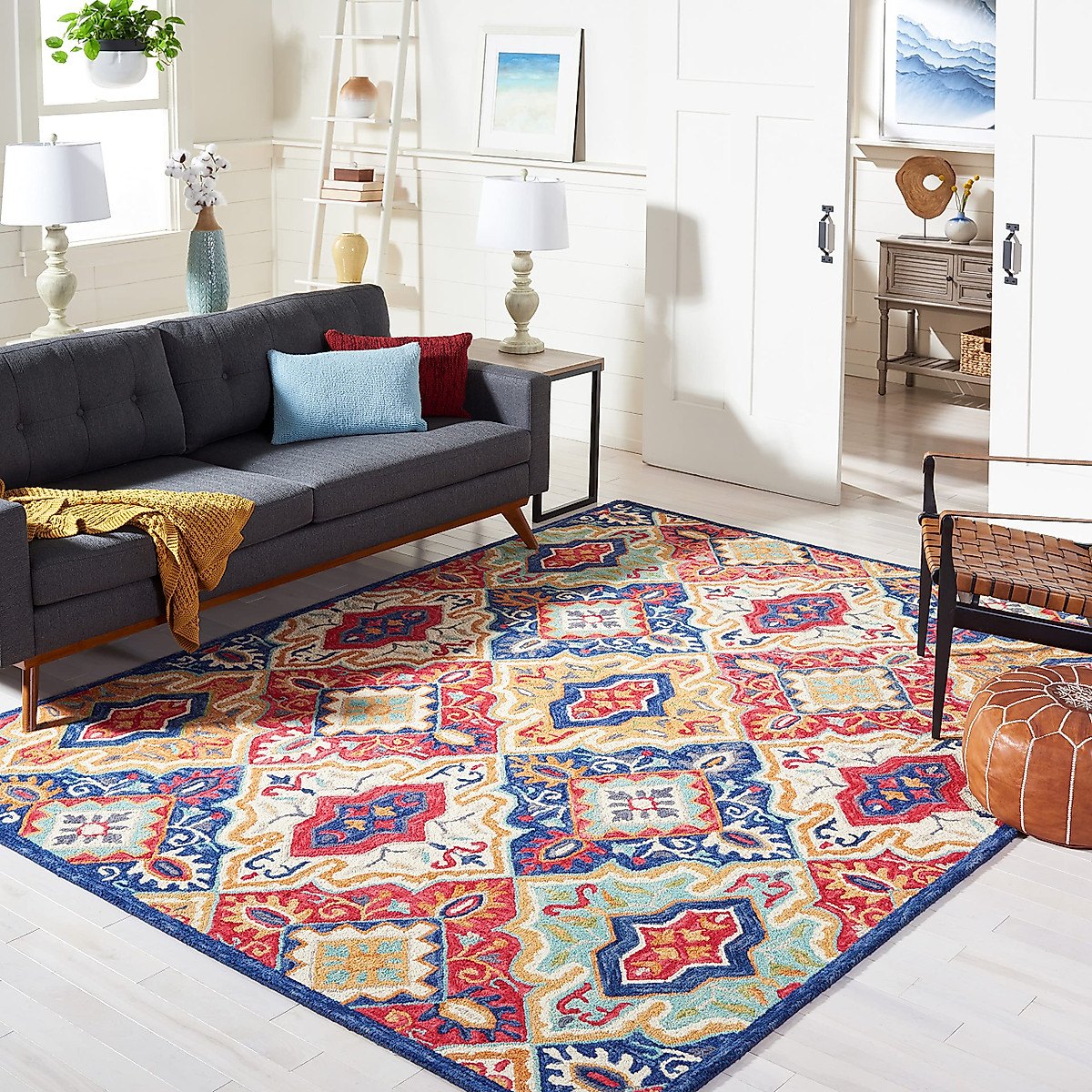 SAFAVIEH Aspen Collection Area Rug - 9' x 12', Blue & Rust, Handmade Boho Wool, Ideal for High Traffic Areas in Living Room, Bedroom (APN526M)