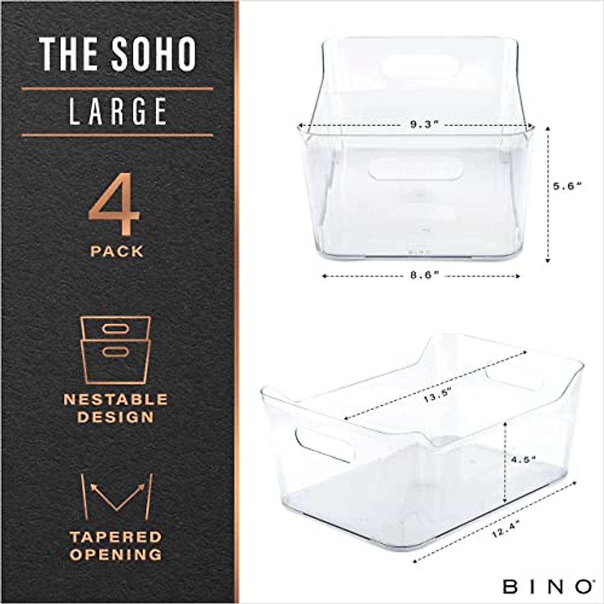 BINO | Plastic Organizer Bins, Large - 4 Pack | The SOHO Collection | Multi-Use Organizer Bins | Pantry Organizer & Freezer Organizer Bins | Plastic Storage Containers | Bins for Home & Kitchen Org