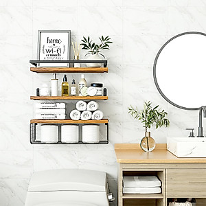 Eunvabir Floating Shelves for Bathroom Storage Decor with Basket, Wood Wall Mounted Over The Toilet Shelves, Hanging Shelf for Bedroom Kitchen Laundry Living Room Plants Farmhouse Organizer