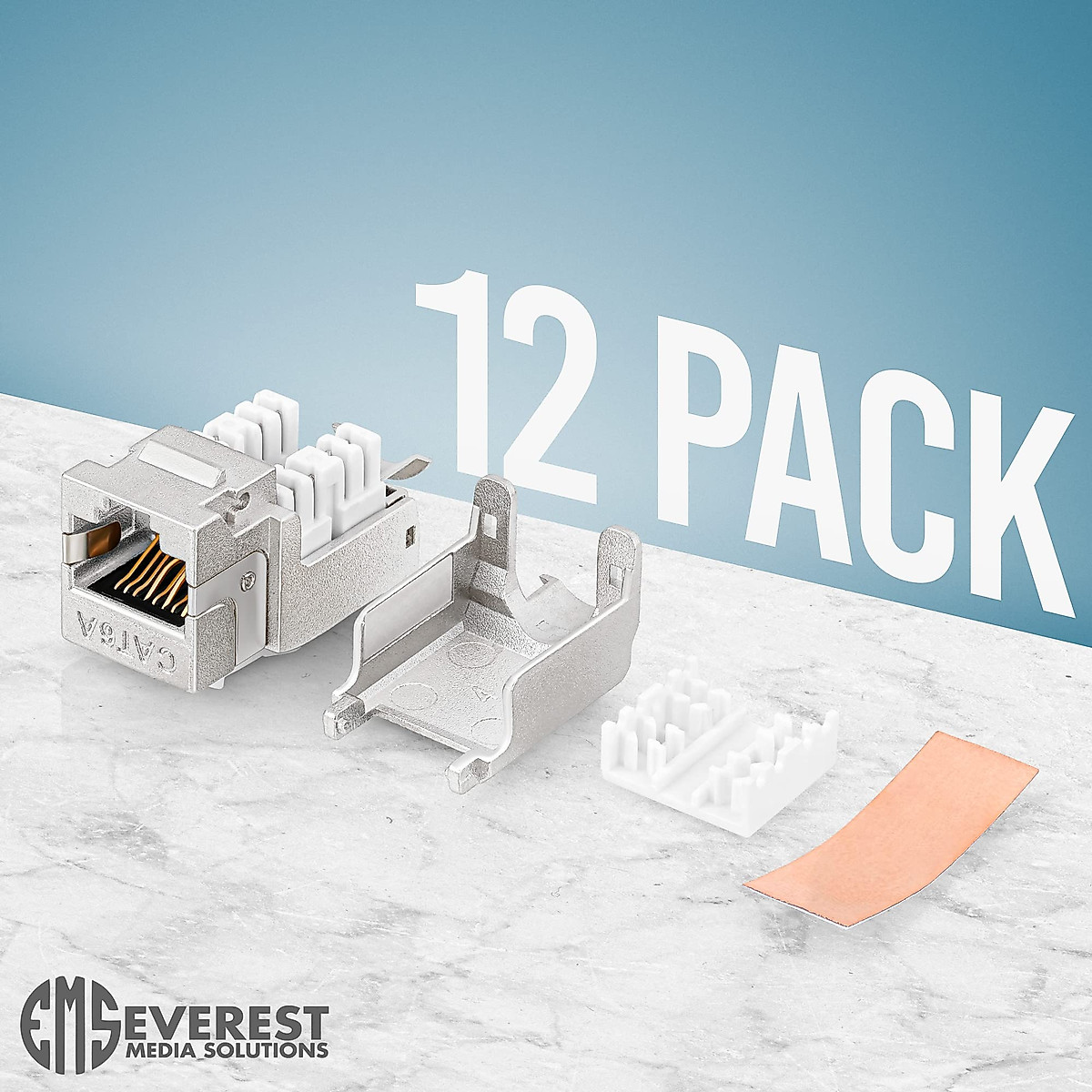 Everest Media Solutions RJ45 Shielded Keystone Jack - 12-Pack - Slim Profile, 90 Degrees, F/STP Female Connector - Tested for CAT5e, CAT6, CAT6A, CAT7 - up to 10GB Speed