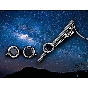 BagTu Crystal Galaxy Cufflinks and Tie Clip Set with Gift Box and Greeting Card, Round Dark Blue Cufflinks and Tie Clip Gift Set for Men