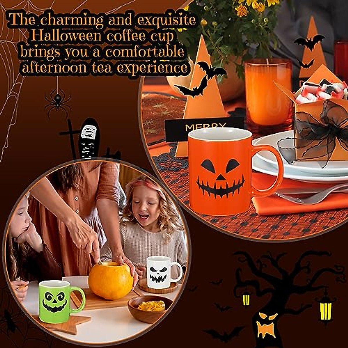 Zhehao 4 Pieces Halloween Mugs 15oz Mug Set Halloween Coffee Mugs with Handle Halloween Ceramic Matching Mugs for Home School Office Table Centerpieces Housewarming Holiday Party Gift (Scary Style)