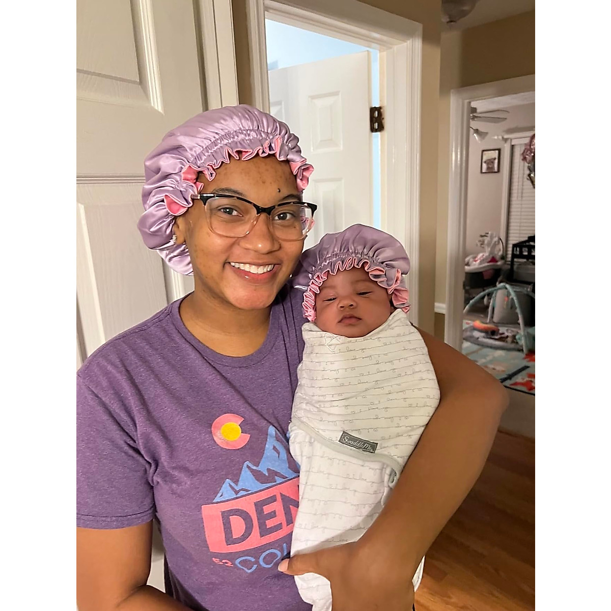 AKISS Reversible Satin Silk Sleep Hair Bonnet for Newborn Baby Girl Boy (Taffy/Lavender, 1~3 M)