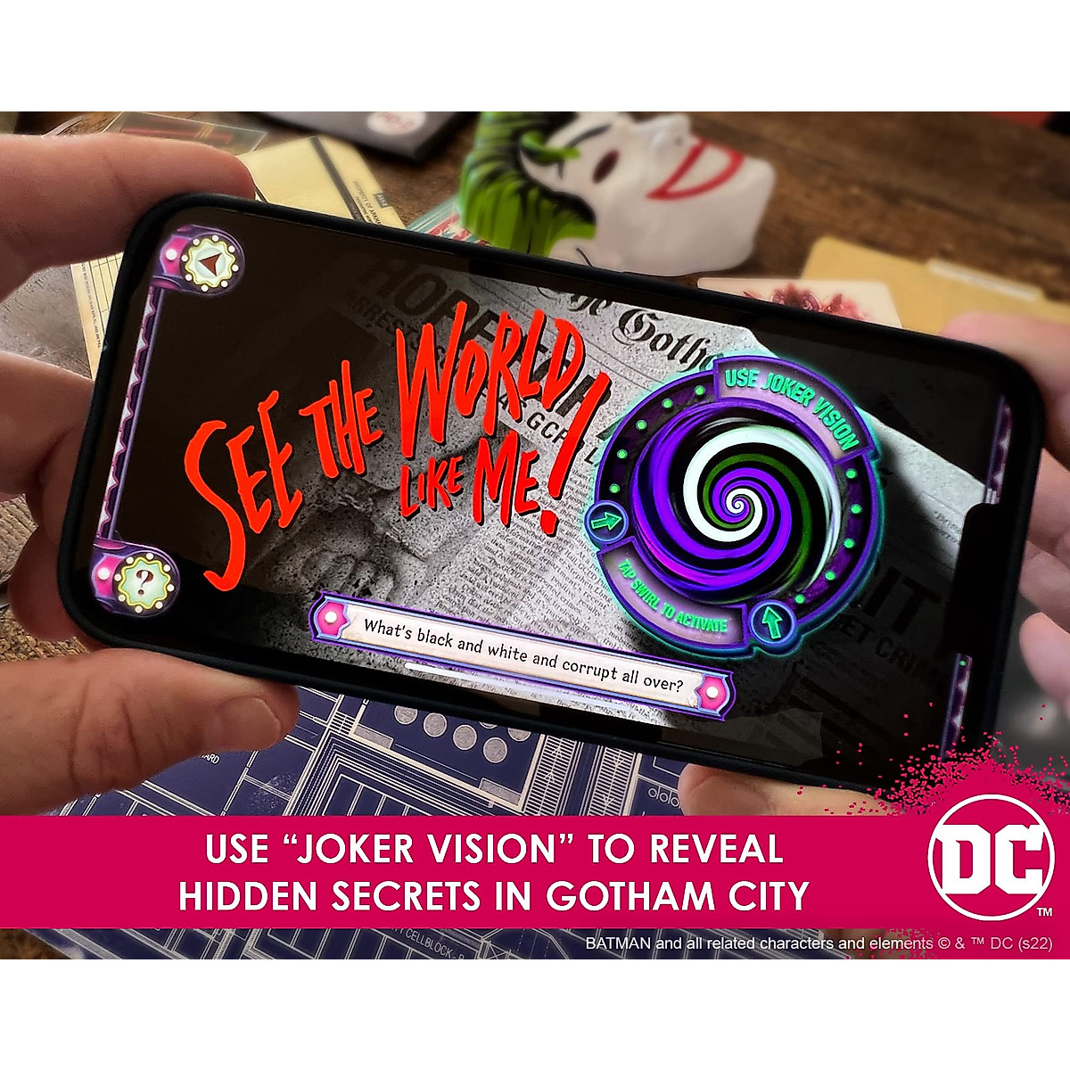 Infinite Rabbit Holes Arkham Asylum Files: Panic in Gotham City Augmented Reality Board Game - Escape Room-esque Batman Mystery with Harley Quinn and The Joker, Family Night - iOS 15+ | Android 13