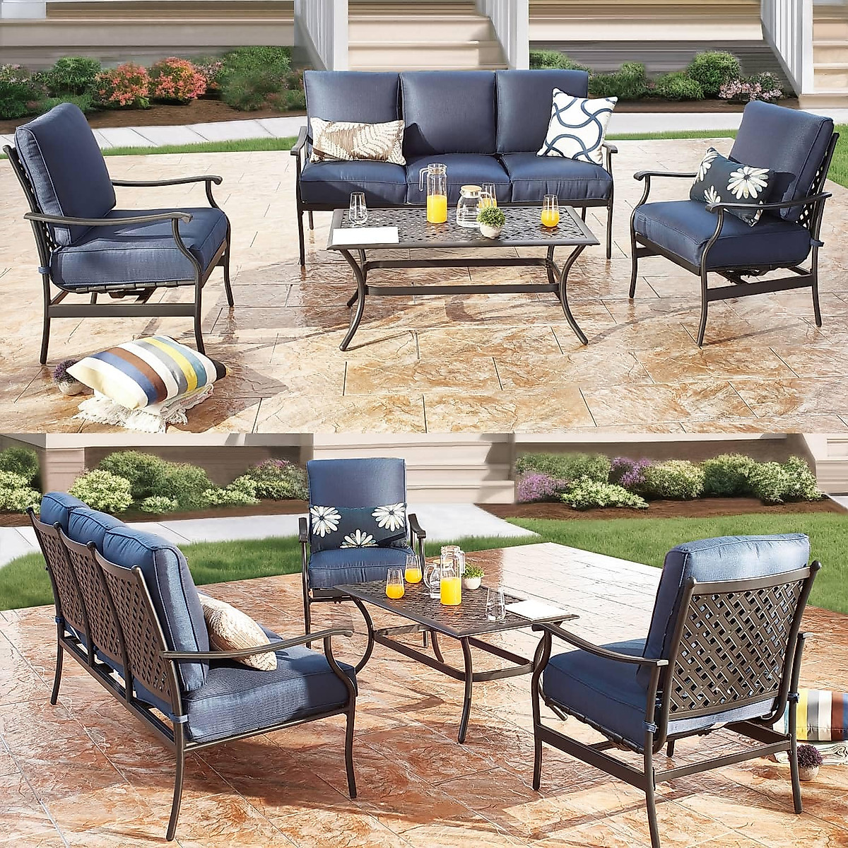 PatioFestival Patio Conversation Set 4Pcs Cushioned Outdoor Furniture Sets with All Weather Galvanized Steel Frame (Blue)