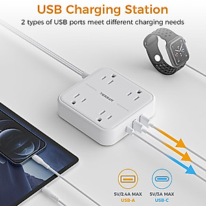Long Flat Extension Cord 15 ft, TESSAN Surge Protector Power Strip 15 Feet with 4 Outlets 3 USB Ports (1 USB C), 3 Prong Flat Plug Charging Station with Surge Protection, Wall Mount Indoor Essentials