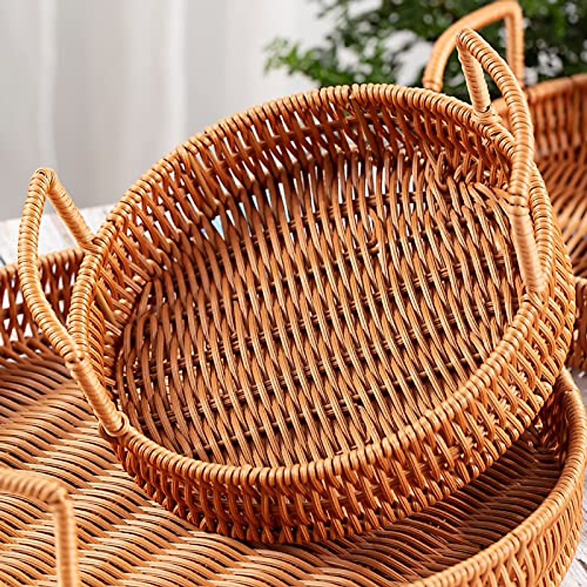 Cedilis 3 Pack Woven Serving Tray with Handles, Round Bread Serving Basket, Poly-Wicker Basket Tray, Decorative Imitation Rattan Fruit Tray for Serving Bread, Vegetable, Snack, 12Inch, 10Inch, 8Inch