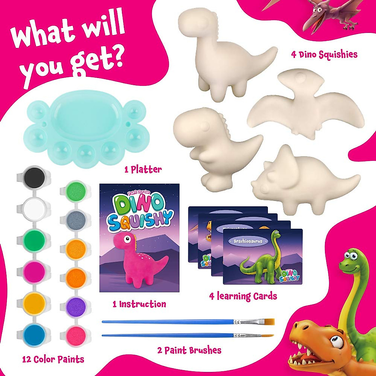 XX Dino Squishy Painting Kit Paint 4 Large Dino Squishies Color Your Own Squishy with Puffy Paint Make Your Own, DIY Squishies Kit, Dinosaur Toys - Arts and Crafts Gifts for Kids, Boys & Girls