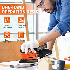 THINKWORK Cordless Detail Sander - 20V Electric Sander Tool with 21Pcs Sandpapers, 12000 OPM Power Sander with Dust Collection, Battery, Charger, Bag, Compact Hand Sanders for Woodworking,Sanding