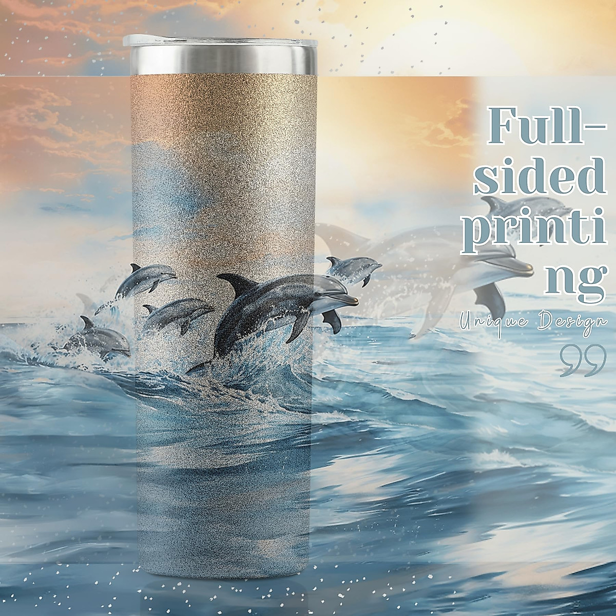 Onebttl Dolphin Gifts for Women, 20oz Stainless Steel Tumbler with Lid and Straw - Glitter Sunset Dolphin