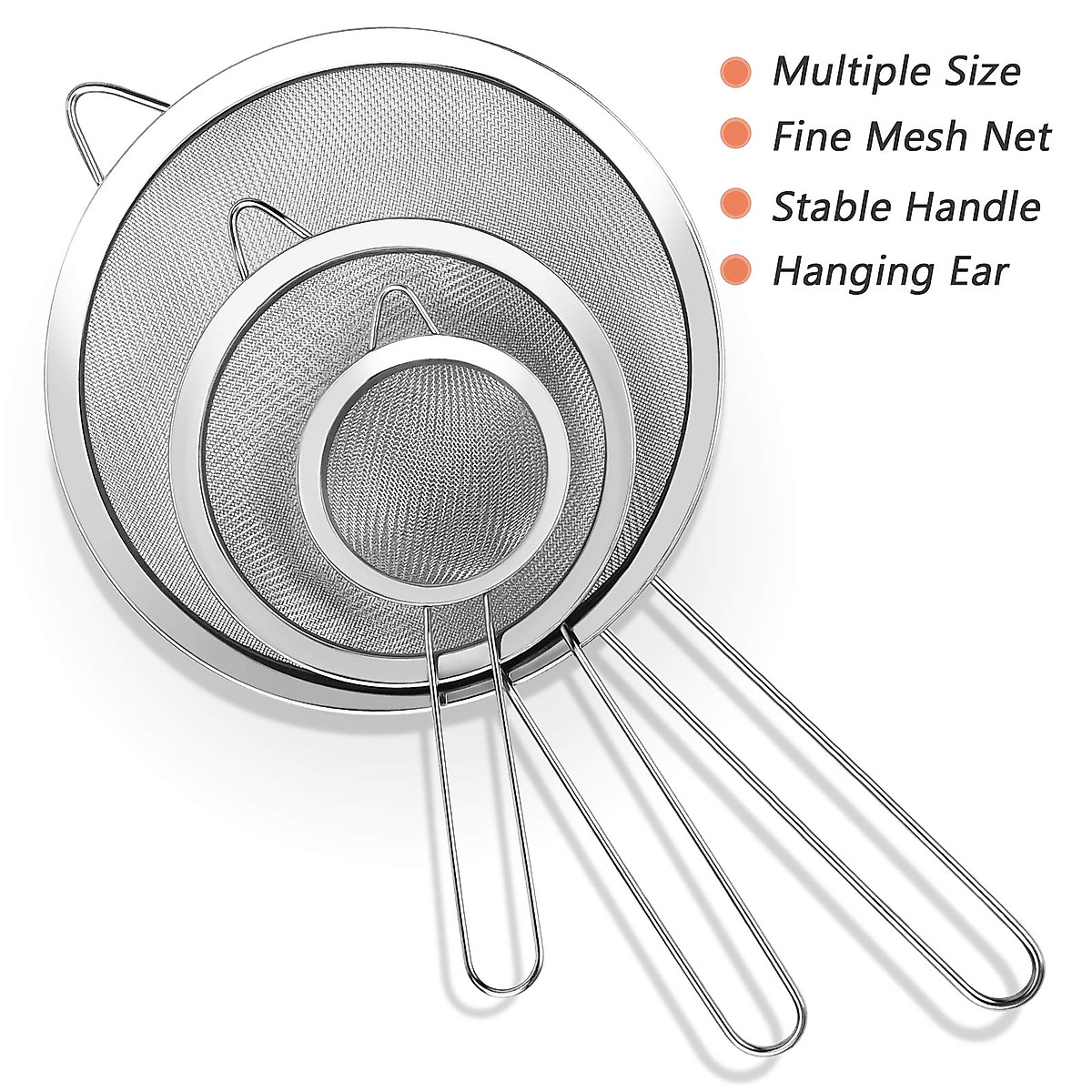 YLYL 3 Pcs Super Wire Extra Fine Mesh Strainer with Handle, Small Medium Large Size Sifter Metal Strainer Set, Stainless Steel Sieve Fine Mesh Strainers for Kitchen Rice Juice Quinoa Food Flour Baking