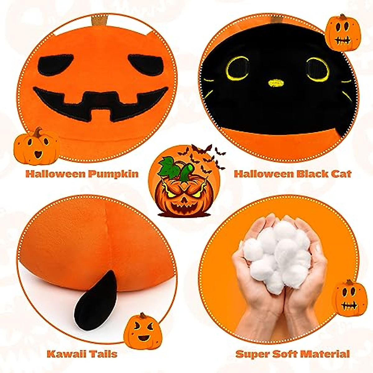 Desdfcer Halloween Stuffed Pumpkin, 8.5in Pumpkin Pillow, Fluffy Stuffed Pumpkin Doll Toy, Halloween Cat Plush, Halloween Stuffed Animal Cat Plushies, Halloween Plush Toys for Kids