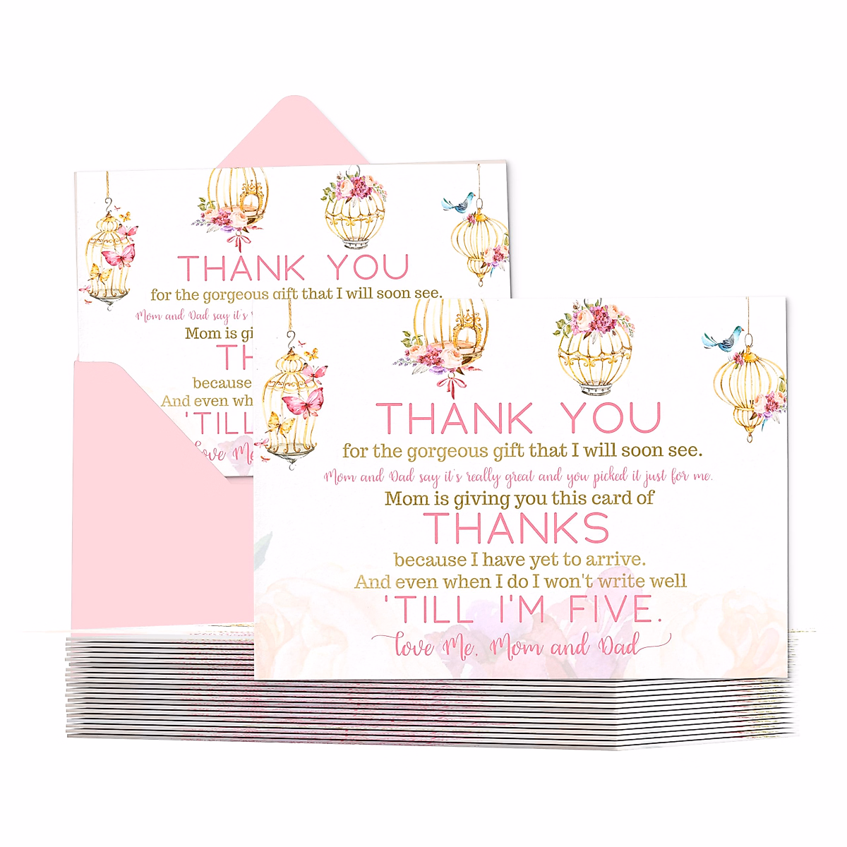 Fancy Floral Baby Shower Thank You Cards with Envelopes Blank Notes Prefilled Message Girls Personalize for Registry Gifts Pink Butterfly and Floral Notecard Set 4x6 Stationery, 15 Pack