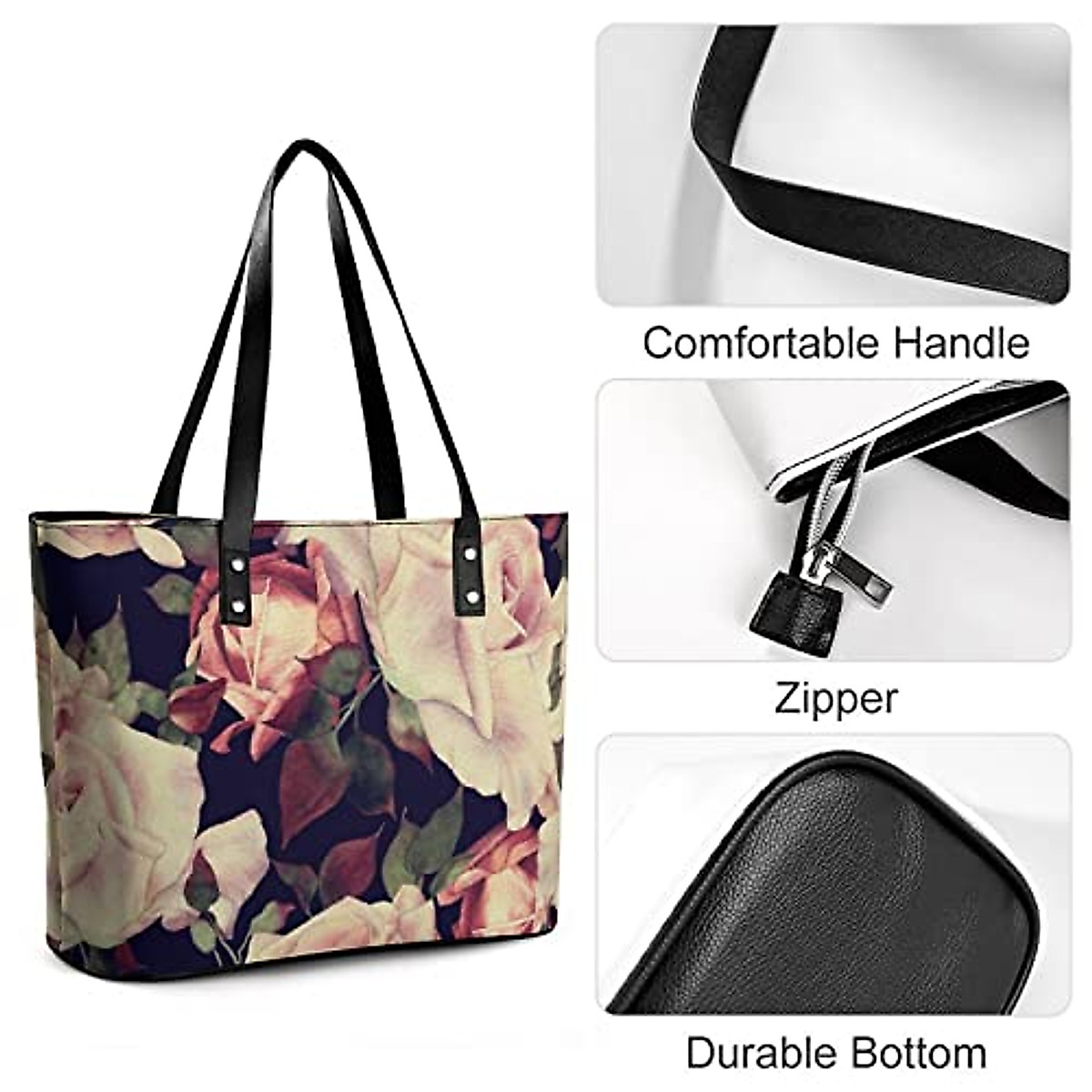 Womens Handbag Roses Floral Pattern Leather Tote Bag Top Handle Satchel Bags For Lady