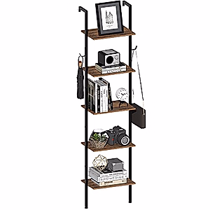 Tohomeor Industrial Bookshelf Wall Mounted 5-Tiers Ladder Shelf Wooden and Metal Narrow Thin Bookshelf Open Display Storage Rack for Living Room Bedroom Home Office (Rustic Brown, Small)