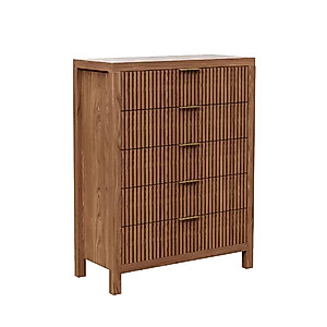 MJADUE Fluted 5 Drawers Dresser, 43" Tall Modern Chest of Drawers Wood Drawer Organizer Dresser for Bedroom Chest of Drawers for Bedroom, Living Room, Hallway, Entryway, Walnut Oak