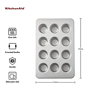 KitchenAid Nonstick Aluminized Steel Muffin Pan, 12-Cup, Silver