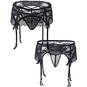 ohyeah Black Floral Lace Garter Belt for Thigh Highs Stocking 4-Strap Metal Clip Sexy Mesh Suspender M-L (Only Garter Belts)