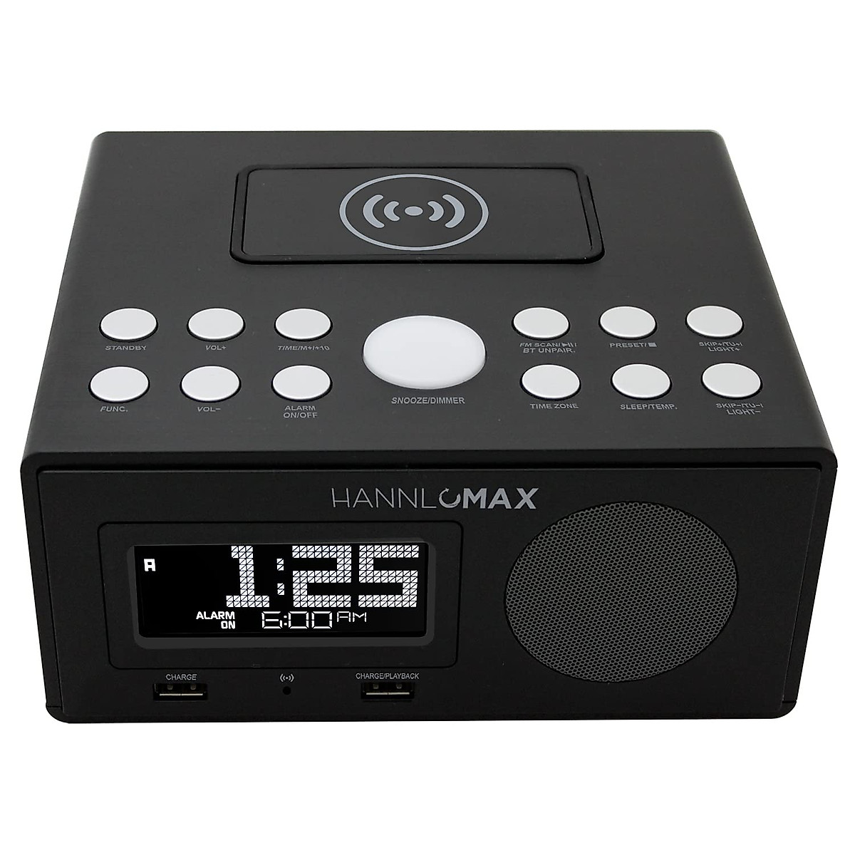HANNLOMAX HX-202Qi Alarm Clock Radio, Wireless Charging, Bluetooth, 10W Output Power, Dual USB Ports for Charging and MP3 Playback, Temperature, Nightlight, Time Zone, Aux-in. (Black)