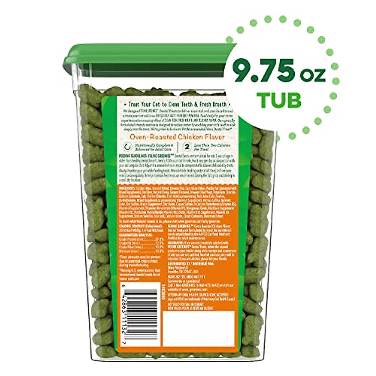 FELINE GREENIES Adult Dental Cat Treats, Oven Roasted Chicken Flavor, 9.75 oz. Tub