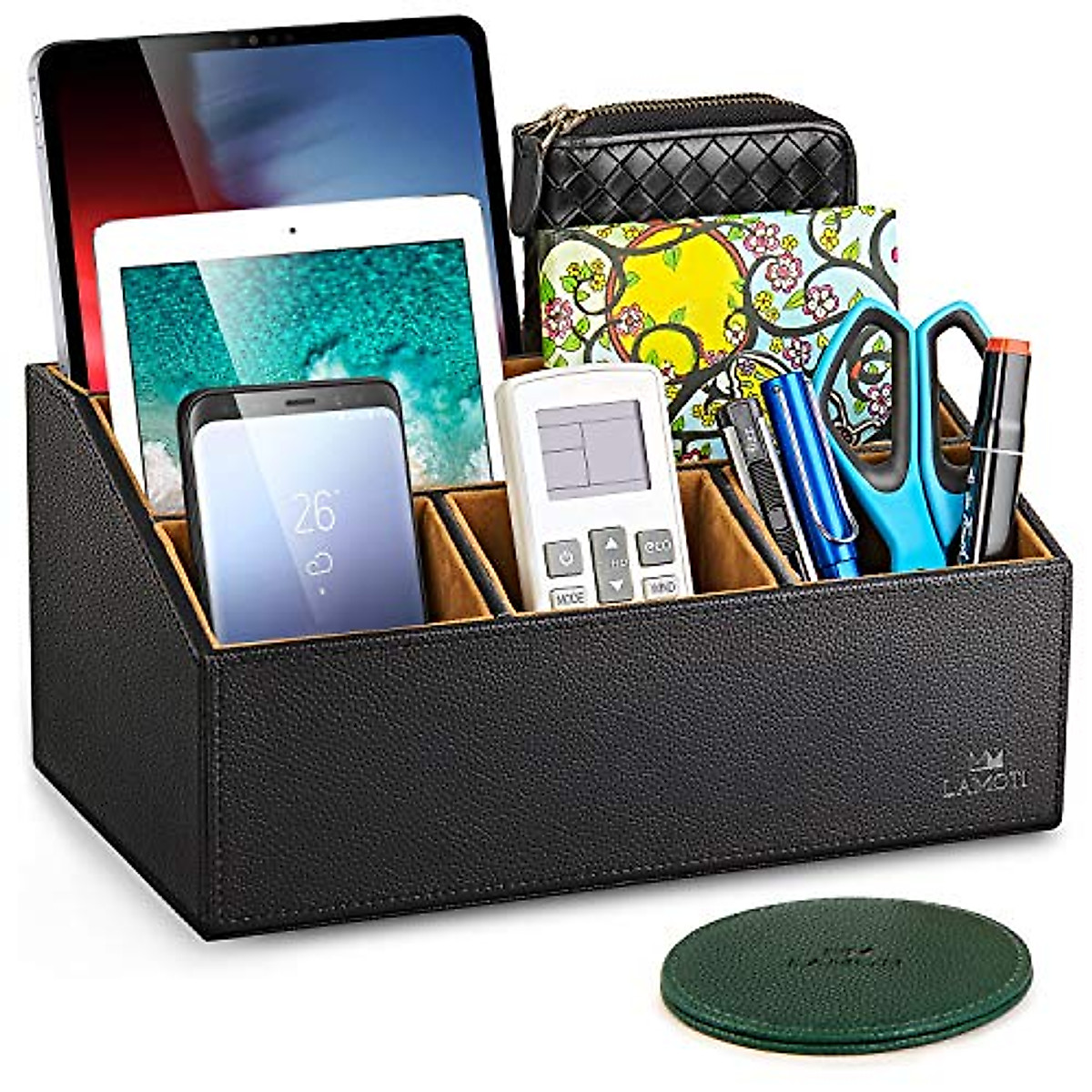 LAMOTI Leather Desk Organizer with a 4" Coaster, Large Capacity 5 Compartments Desktop Unifier, Handcrafted (Black)