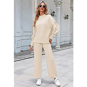 Linsery Womens Sweater and Pant Sets Batwing Sleeve Knitted Tops and Wide Leg Pants Comfy Set 2 Piece Knit Loungewear Tracksuit Apricot M