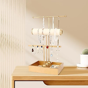 MingsunTan Jewelry Holder Organizer Jewelry Stand, Jewelry Organizer 3 Tier Jewelry Holder, Jewelry Display Rack Tree Jewelry Tower for Earring Bracelet Ring Necklace (Gold)