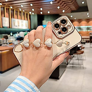 VANIPUFF Compatible with iPhone 14 PRO MAX 5g Case with Love Heart Bracelet Luxury Cute Hearts Cover for Women with Metal Chain Strap Gold Plated with Side Love Pattern Soft Shockproof Bumper (Purple)