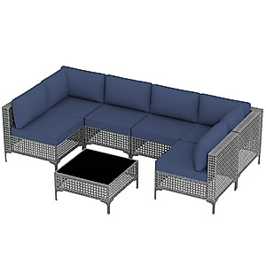 Piltwoff Patio Furniture Set,7 Piece Outdoor Sectional Sofa, Open-Weave Wicker Patio Conversation Sets with Navy Cushions & Glass Coffee Table for Balcony Porch Pool Deck,Grey Rattan