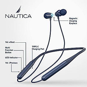Nautica B310 Sport Wireless Bluetooth Earphones with Type-C Charging Cable, Neckband Earphones Magnetic Earbuds, Bluetooth v5.0 Earphones High Volume Levels, Flexibility, Portable Sweat Proof (Navy)