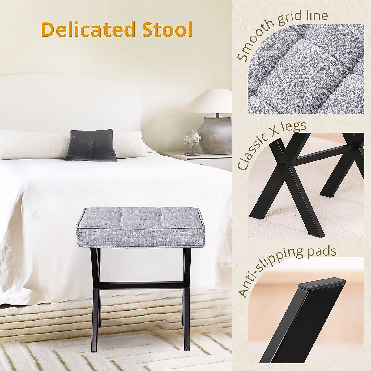 LUE BONA Vanity Stool, Square Linen Makeup Stool with Metal X Legs, Small Ottoman Stool Chair for Vanity, Modern Padded Vanity Seat Foot Rest Stool for Makeup Room, Living Room, Bathroom, Dark Gray