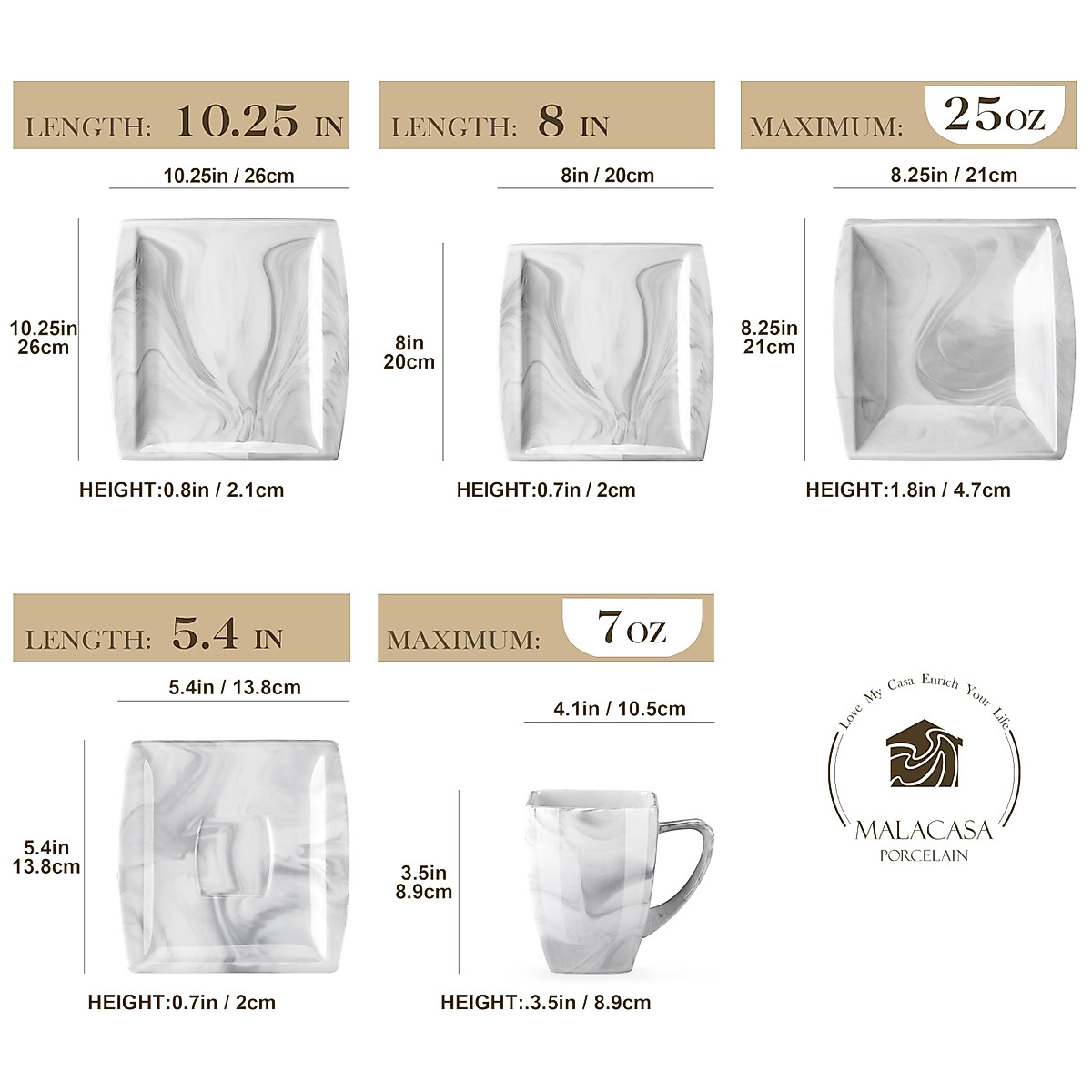 MALACASA Dinnerware Sets, 30 Piece Porcelain Plates and Bowls Sets for 6, Square Dish Set with Dinner Plates Set, Cup and Saucer, Modern Dishware Dishes Microwave Safe, Marble Grey, Series Blance