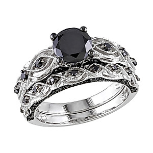 1.39 Carat (ctw) Black Diamond Engagement Ring and Wedding Band Set in 10K White Gold