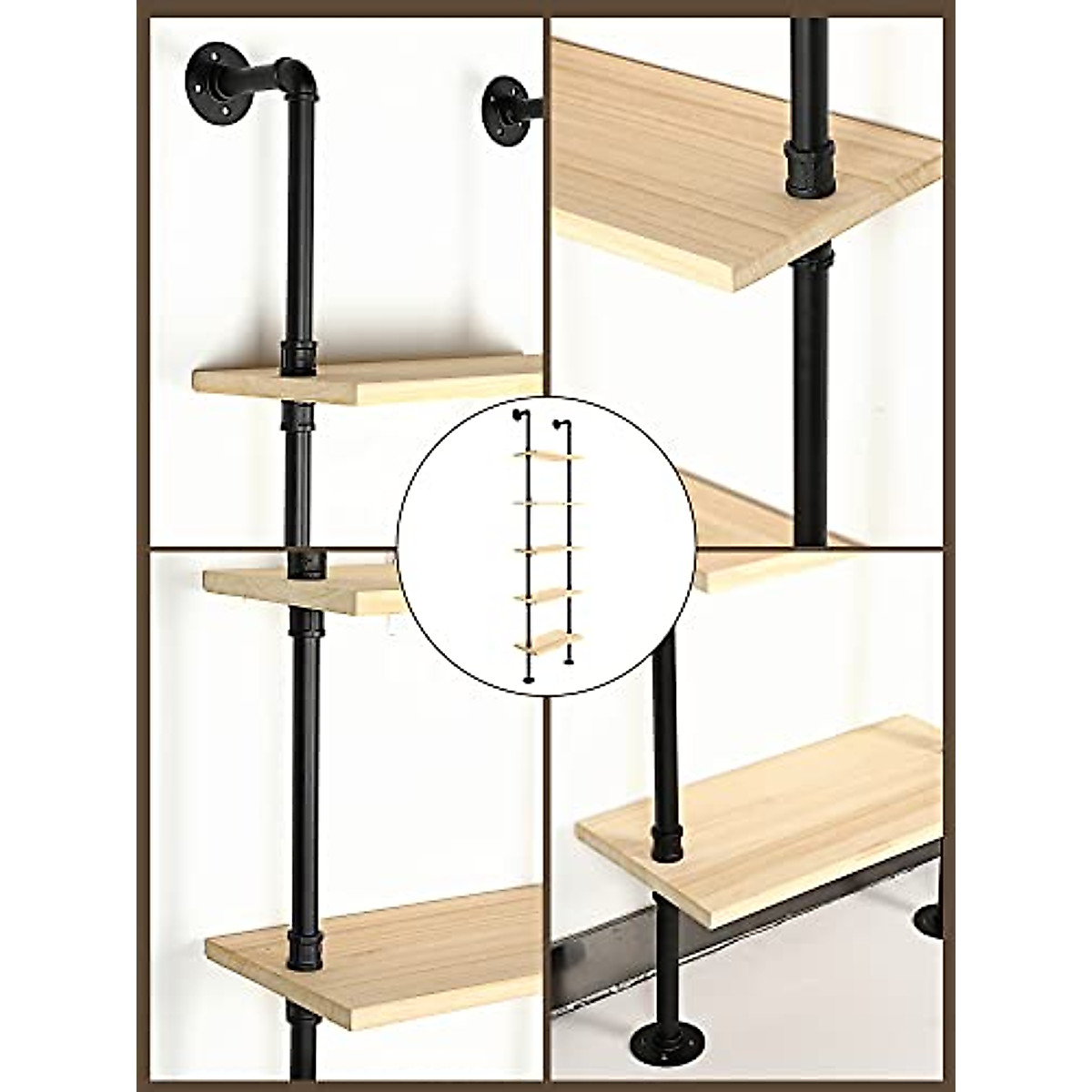 5 Tier Modern Bookcase Wall Mount Ladder Bookshelf Include Wood Planks Industrial Pipe Shelf Book Display Rack Metal Pipes and Wood Shelves Stand Black Corner Frame Bookcase (Natural Wood Board)