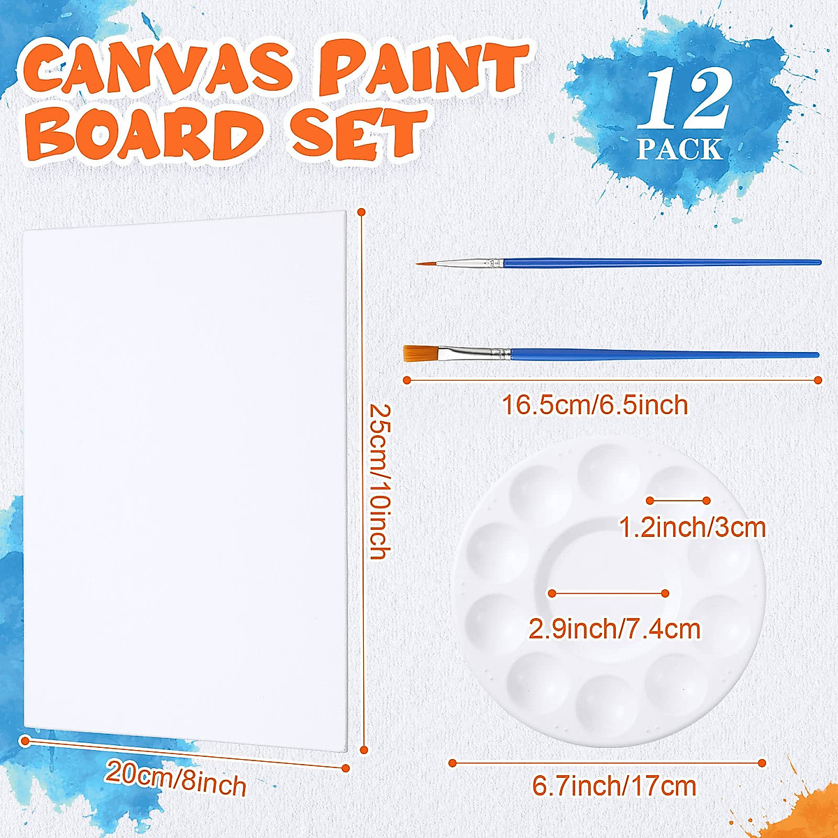 48 Pcs Canvas Painting Boards Set Including 12 Pcs 8 x 10 Inch Blank White Canvas Panels 12 Pcs Round Paint Tray Palettes and 24 Pcs Nylon Brushes for Oil Acrylic Watercolor Paint Kids Party Classroom