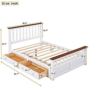 ERDAYE Full Size Bedframe Wooden Platform Bed with Two Storage Drawers and Wood Slat Support, White+Walnut