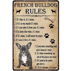Funny Metal Tin Sign A French Bulldog House Rules Posters Tin Sign Metal Art Holiday Decoration Outdoor Indoor Sign Wall Decoration Room Decor Metal Tin Sign 8x12 inch