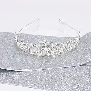 Crystal Crown and Silver Sash Kit, Bridal Shower Decorations Bachelorette Party Favors, Wedding Tiara and Glitter Sash for Bride