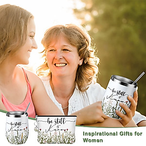 3 Pcs Christian Gifts for Women Be Still and Know Religious Gifts 12 oz Stainless Steel Tumbler Inspirational Scripture Keychain Bible Verse Cosmetic Bag for Mom Church Favors Mother's Day Gifts