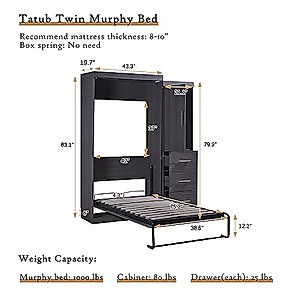 Tatub Murphy Bed Twin Size, Murphy Bed Cabinet Bed, Wall Bed with Wardrobe and Drawers, Murphy Cube, Hide a Bed on a Cabinet, Space Saving, No Box Spring Required