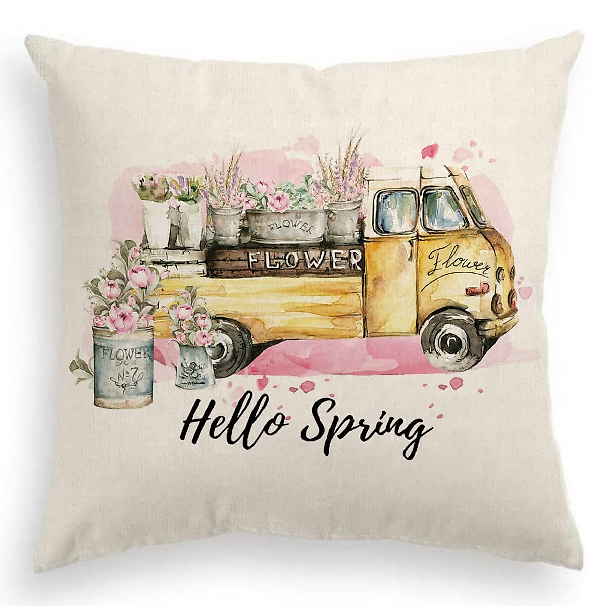 INSHERE Throw Pillow Covers Spring Decorations 18x18 Inch Set of 4，Fresh Flower Truck Garden Oil Painting Style Linen Pillowcase，Decoration for Sofa, Bedroom, Car (Spring 1)