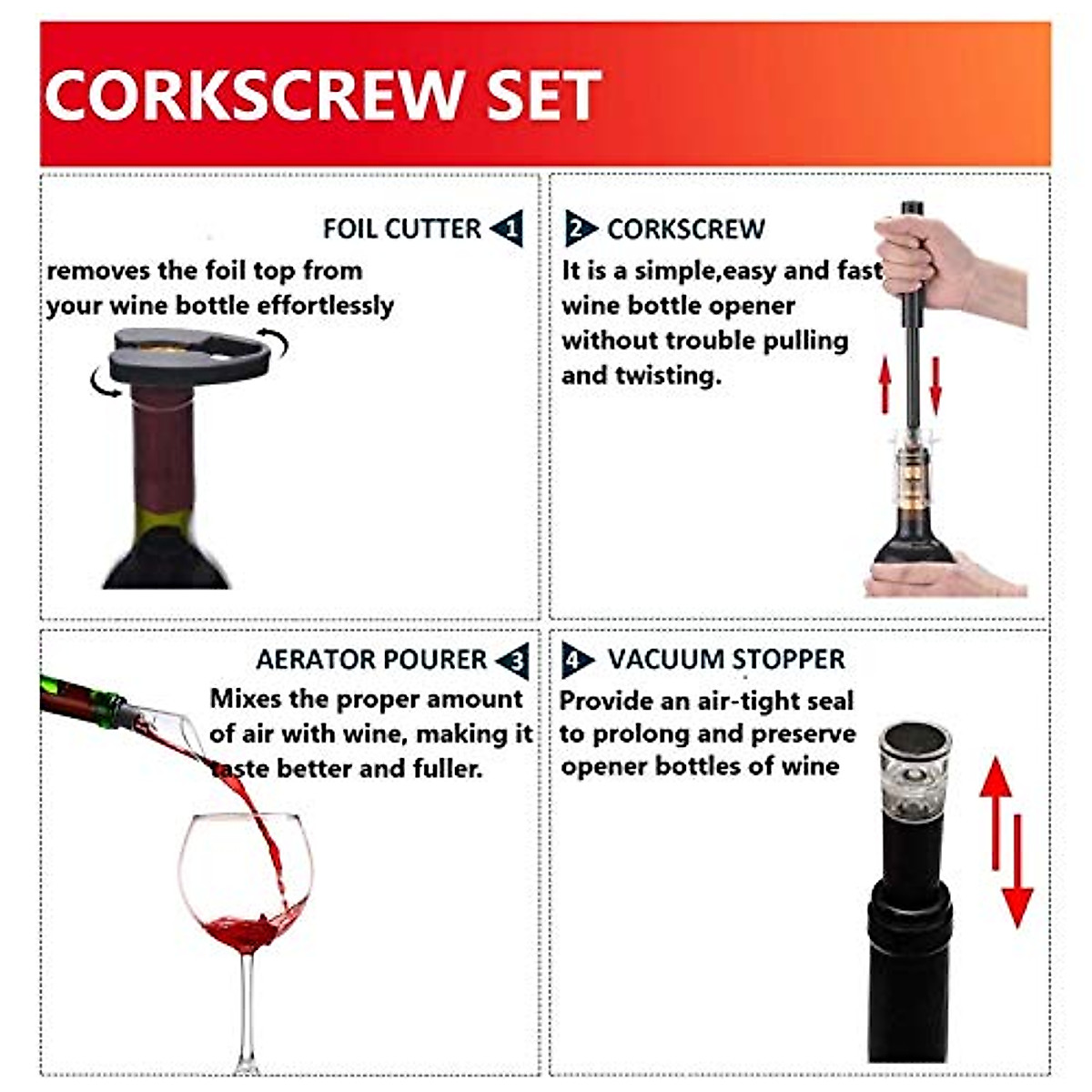 Air Pressure Pump Bottle Opener With Foil Cutter,Aerator Pourer,Vacuum Stopper(4PCS),Simple Cork Remover ,Efficient Corkscrew Bottle Opener,Great For Wine Lovers,Perfect Wine Gift.