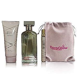 Infinity Perfume for Women 3 Piece Gift Set, 3.4 oz EDP Parfum, .05 oz Travel Perfume, 3.4 oz Moisturizing Lotion, With A NovoGlow Luxurious Suede Pouch