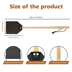 SAMEBUTECO Heavy Duty Leather Fly Swatter Black with Bench Wood Handle 19.7" Length, Fly Catcher and Insects Catcher with Ease