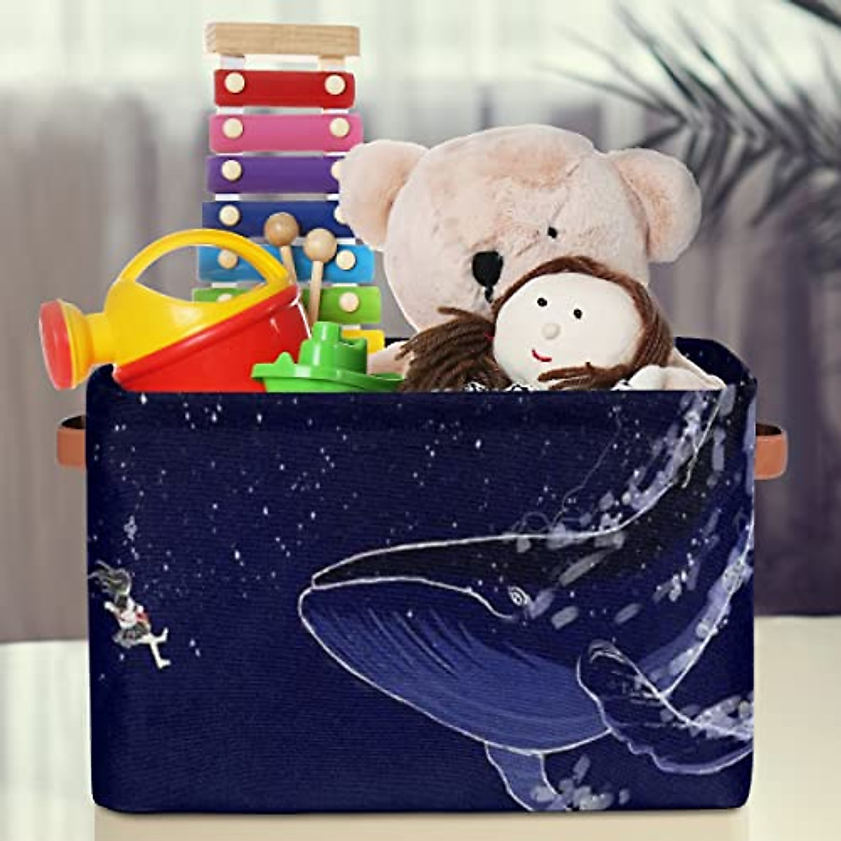 Pardick Large Collapsible Storage Bins ,Universe Whale Decorative Canvas Fabric Storage Boxes Organizer with Handles，Rectangular Baskets Bin for Home Shelves Closet Nursery Gifts